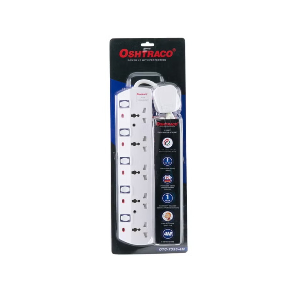 Buy Extension Cord Power Oshtraco Strip 5-Socket White 4m in Dubai, UAE | WEE (00077113)